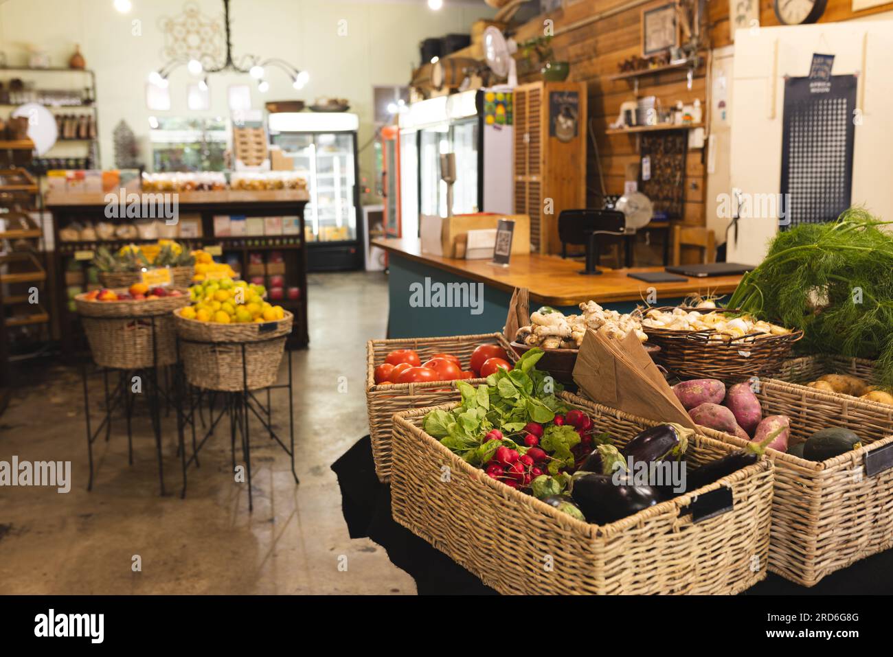 General view of health food organic grocery shop with counter and boxes ...