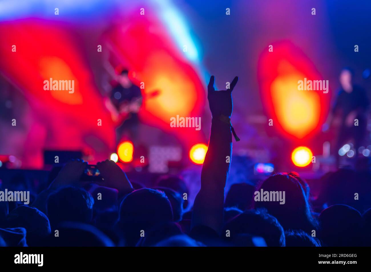 Back view of excited anonymous male spectator showing rock and roll ...