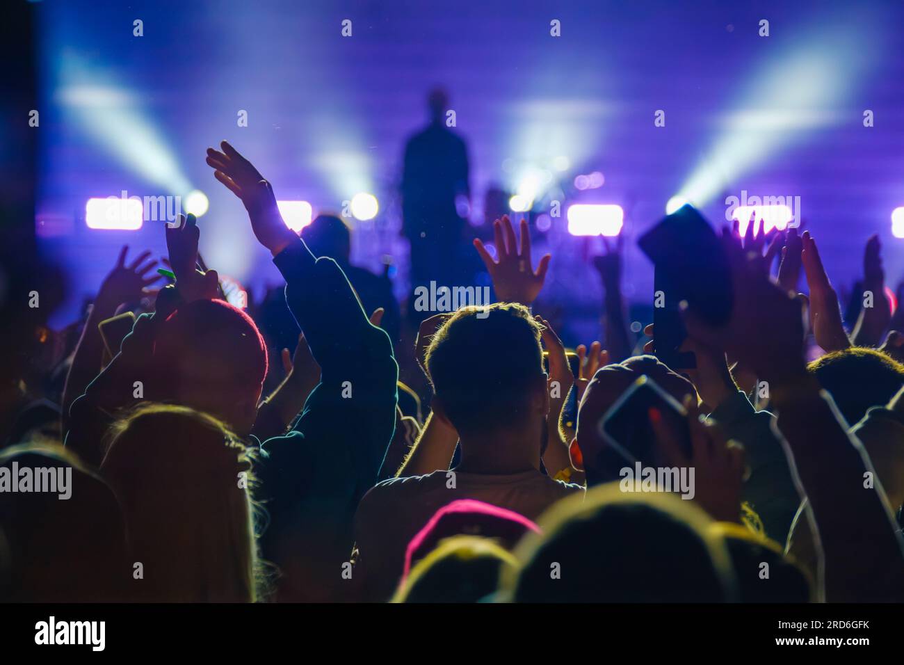 Back view of excited anonymous spectators showing raised hand sign ...