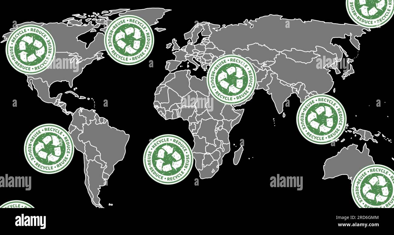 Composite of recycling signs over world map Stock Photo - Alamy