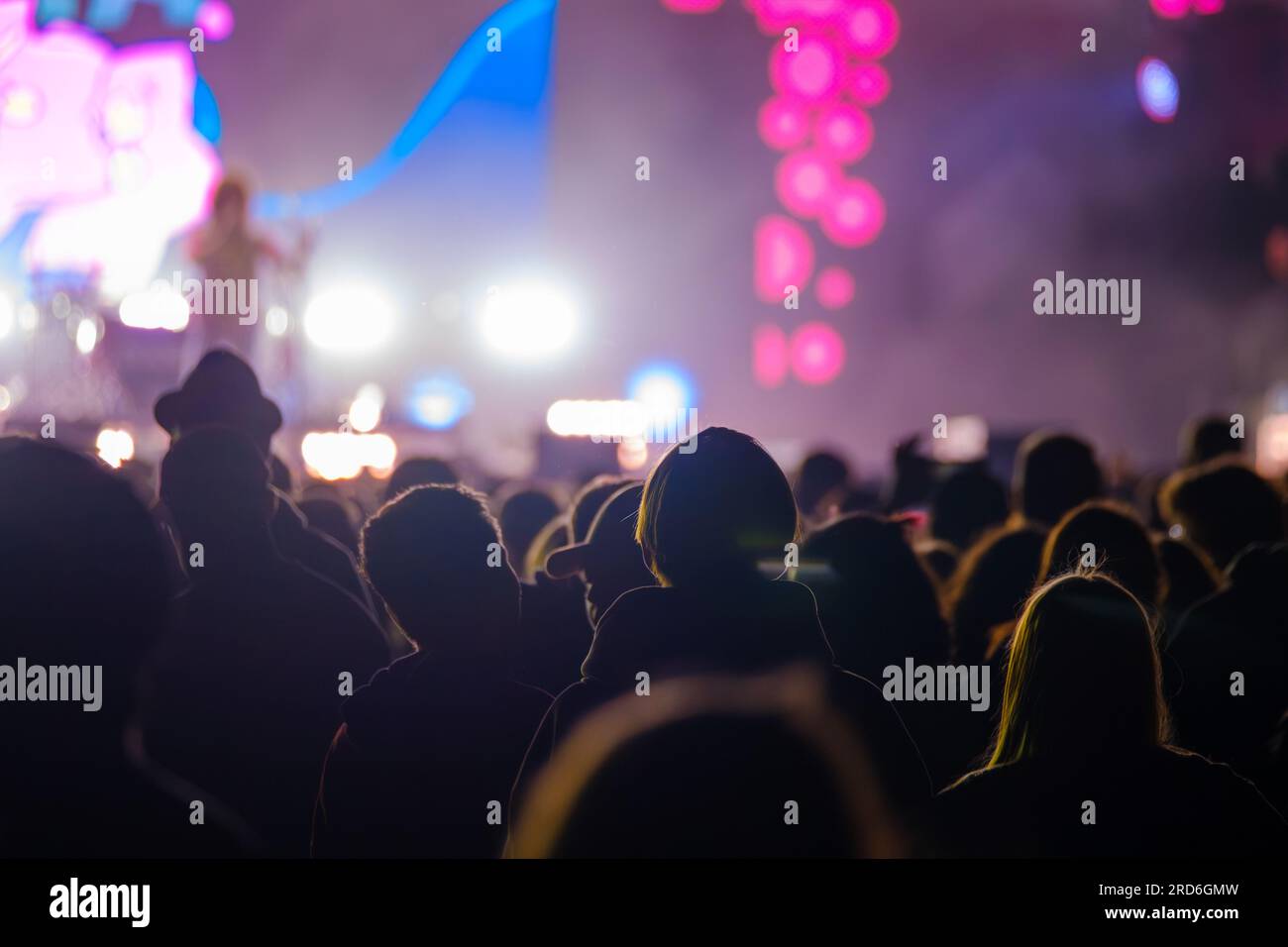 Back view of anonymous spectators looking away while standing near ...