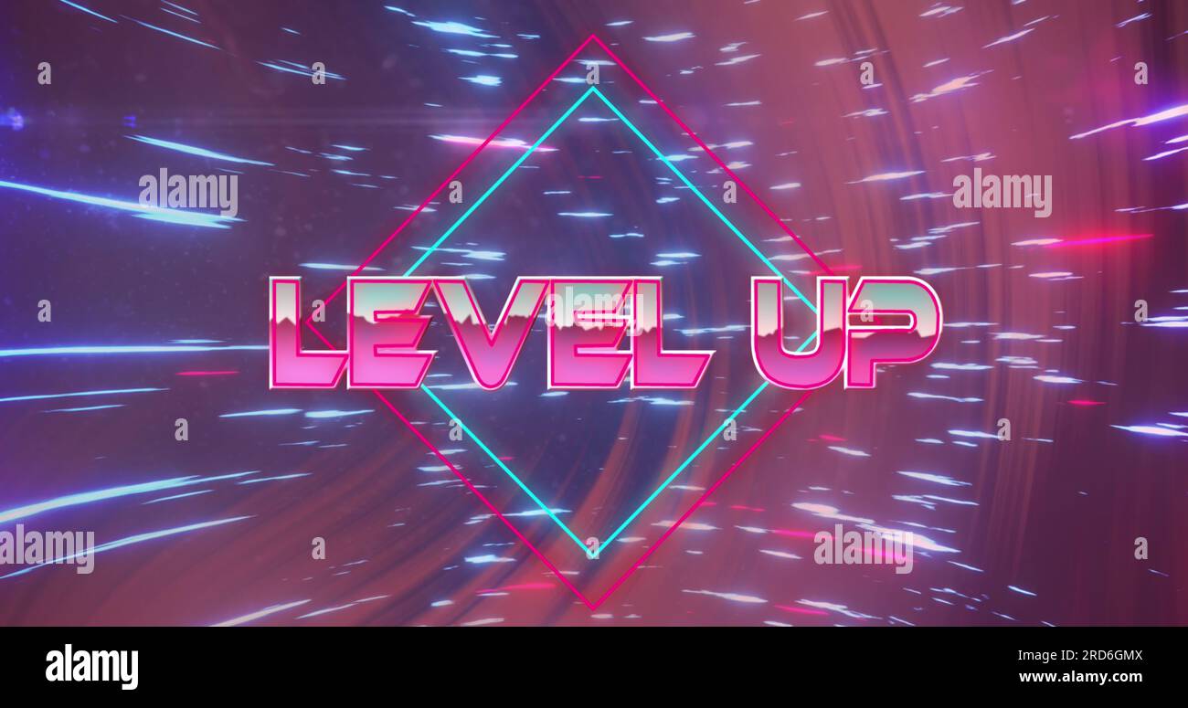 Composite of level up text over neon lines Stock Photo - Alamy