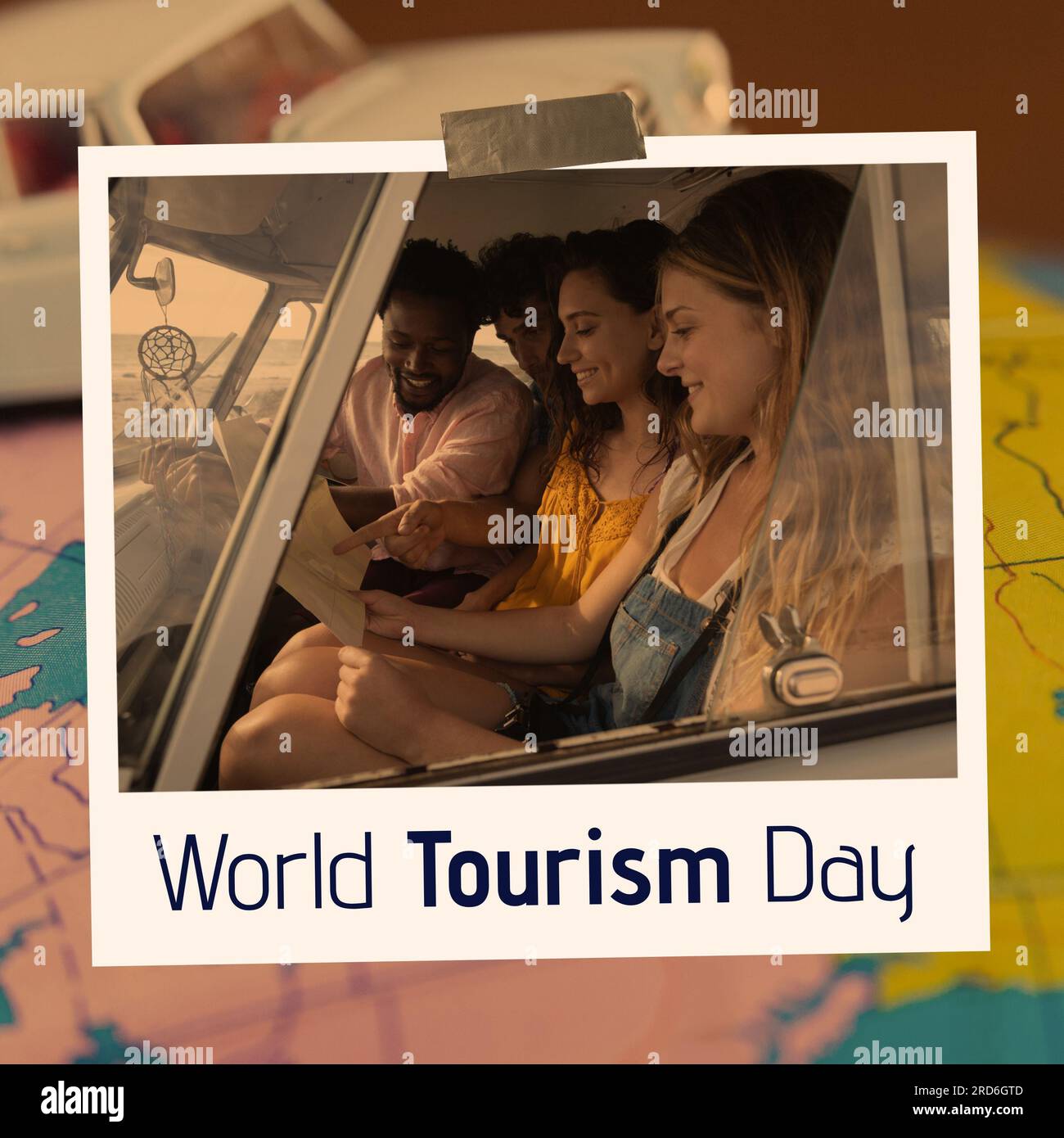 World tourism day text on photo of diverse friends reading in van, over ...