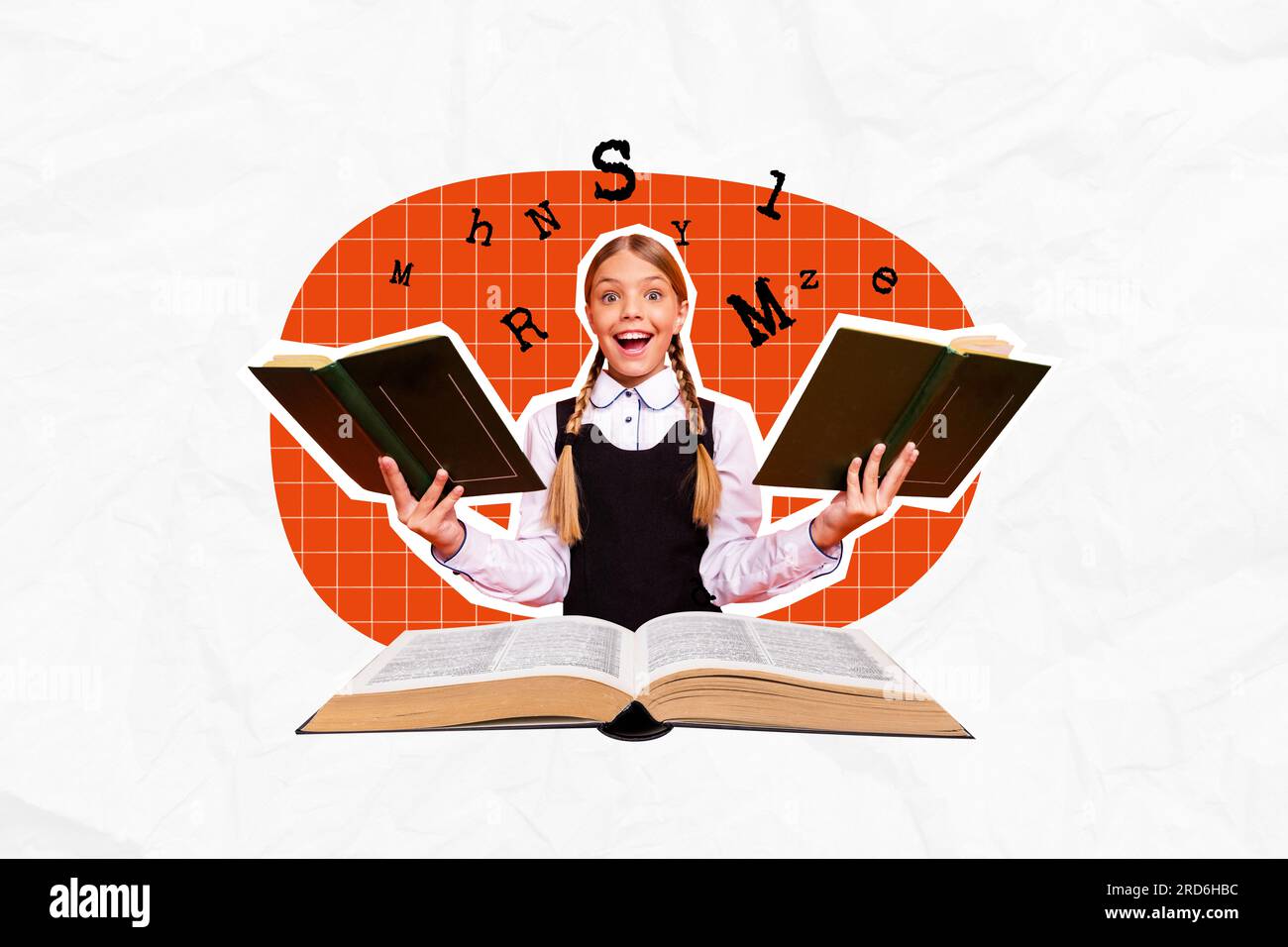 Collage banner of funky diligent girl learning more new words english ...
