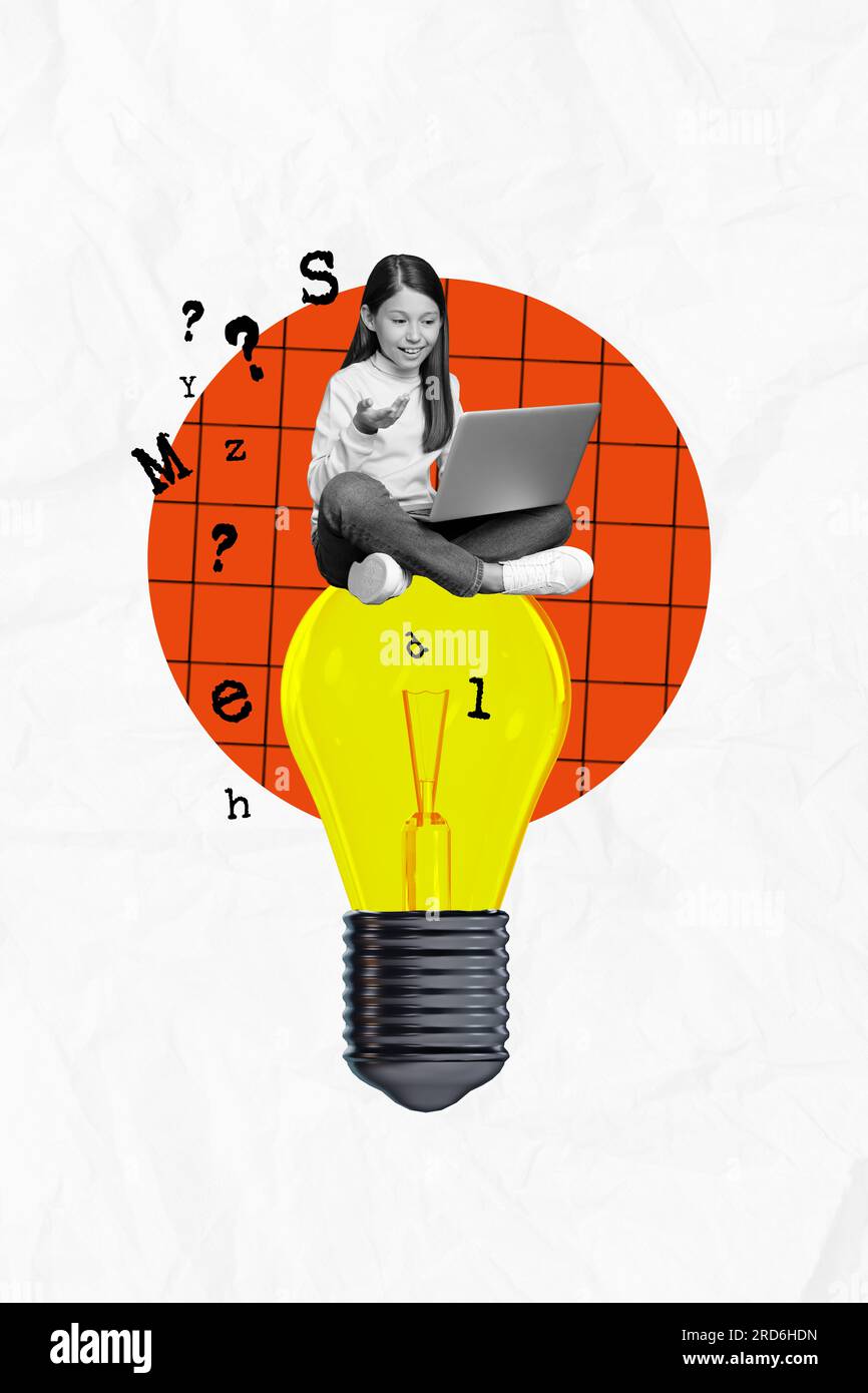 Vertical collage of diligent little funky girl remote study with laptop lightbulb find solution ...