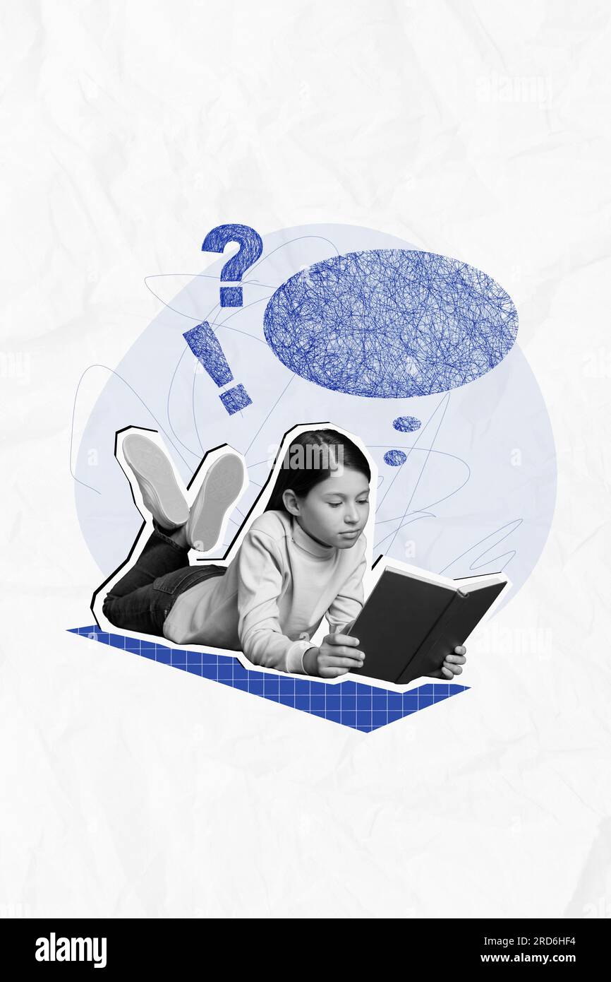 Composite creative collage of minded girl reading book literature hmm ...