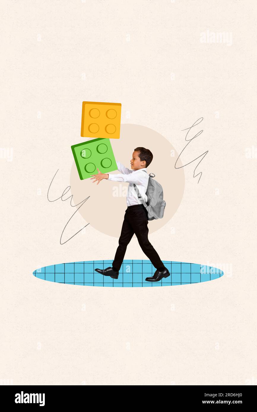 Vertical composite collage artwork funky schoolboy playing toys lego ...