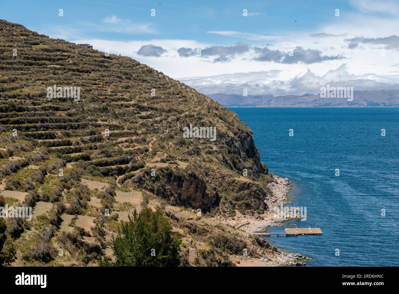 steep terraced slope of Sun Island on Lake Tititcaca in Bolivia Stock ...