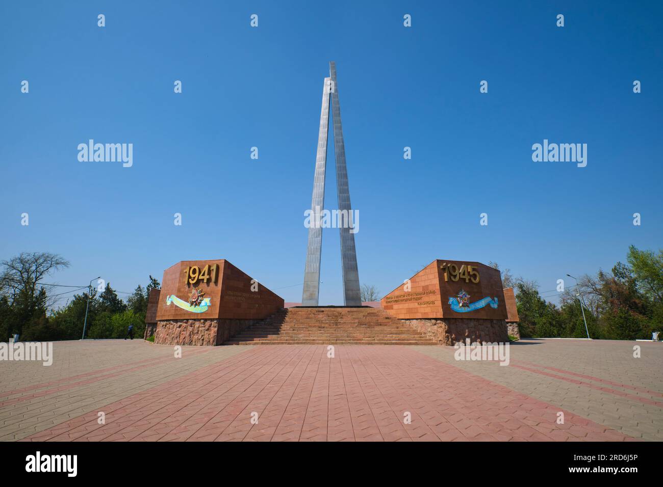 The large, abstract, silver, metal stele monument, dedicated to the ...