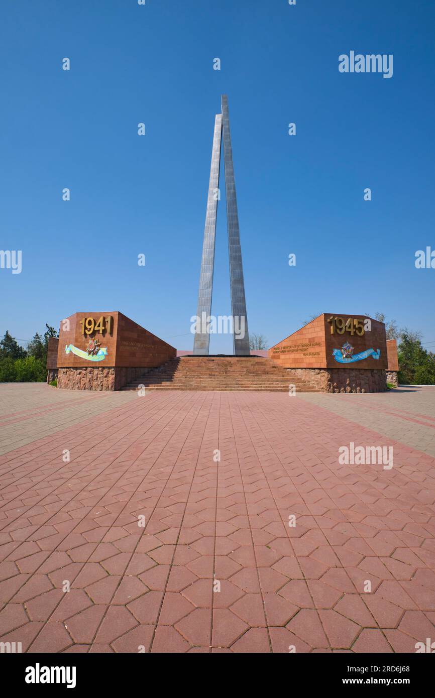 The large, abstract, silver, metal stele monument, dedicated to the ...
