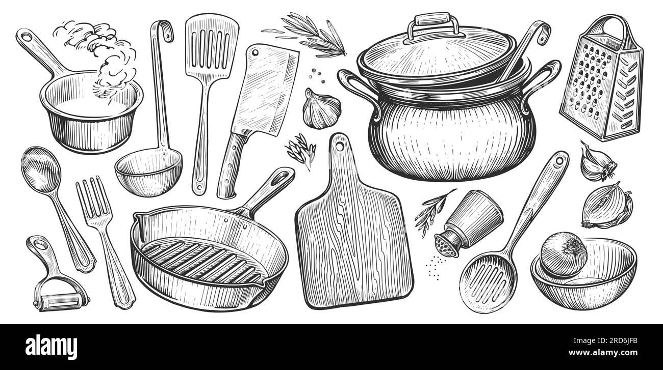 Cooking concept. Kitchen utensils set in vintage engraving style ...