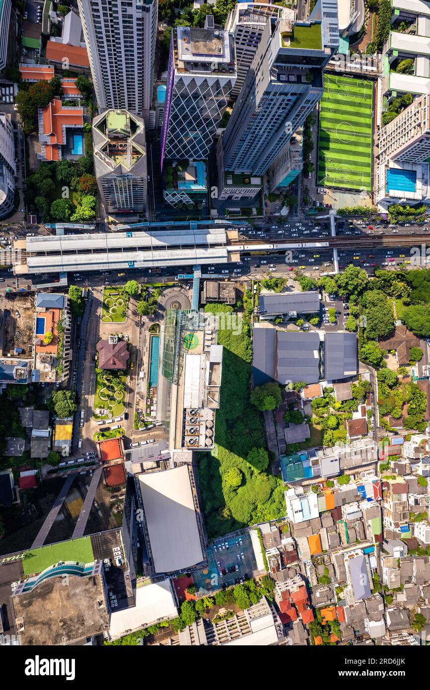 Aerial view of Sathorn and Saphan Taksin districts in Bangkok, Thailand ...