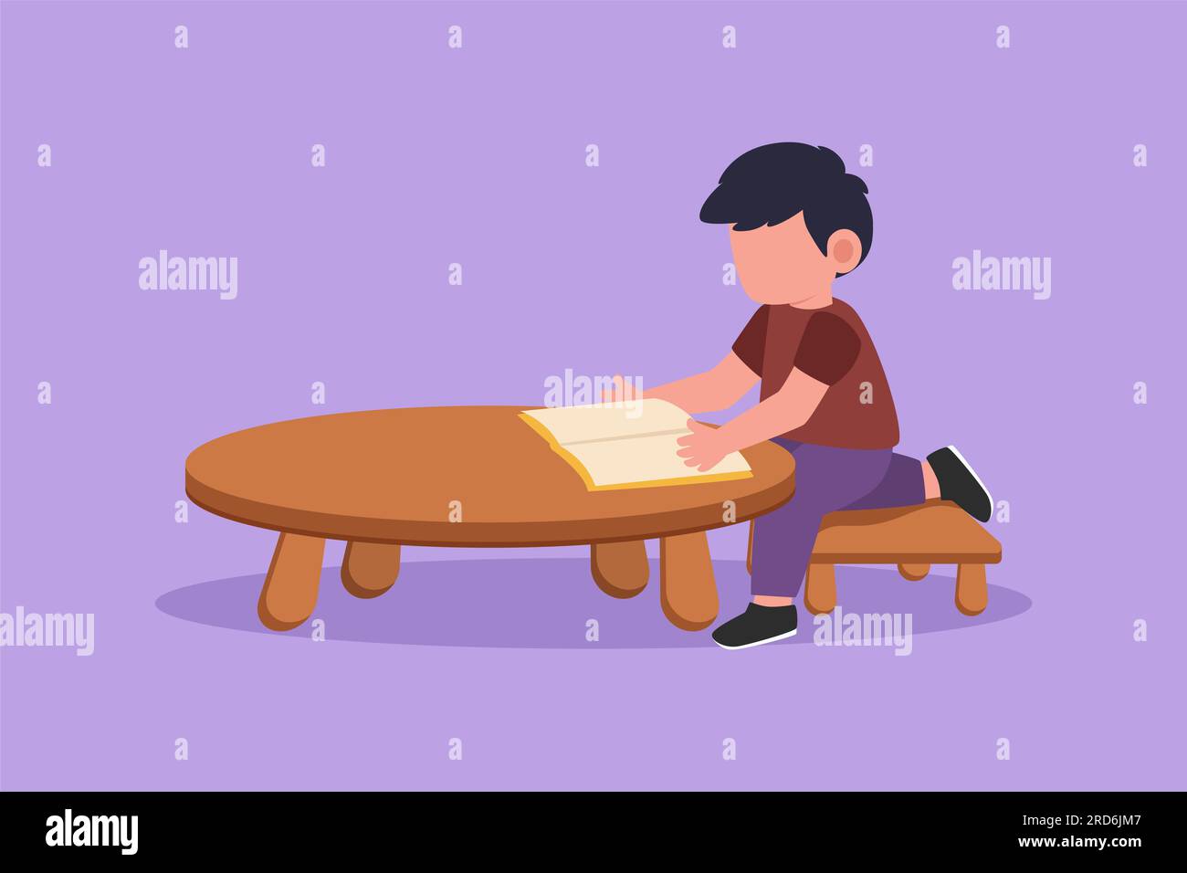 Graphic flat design drawing of little boy reading and studying on table ...