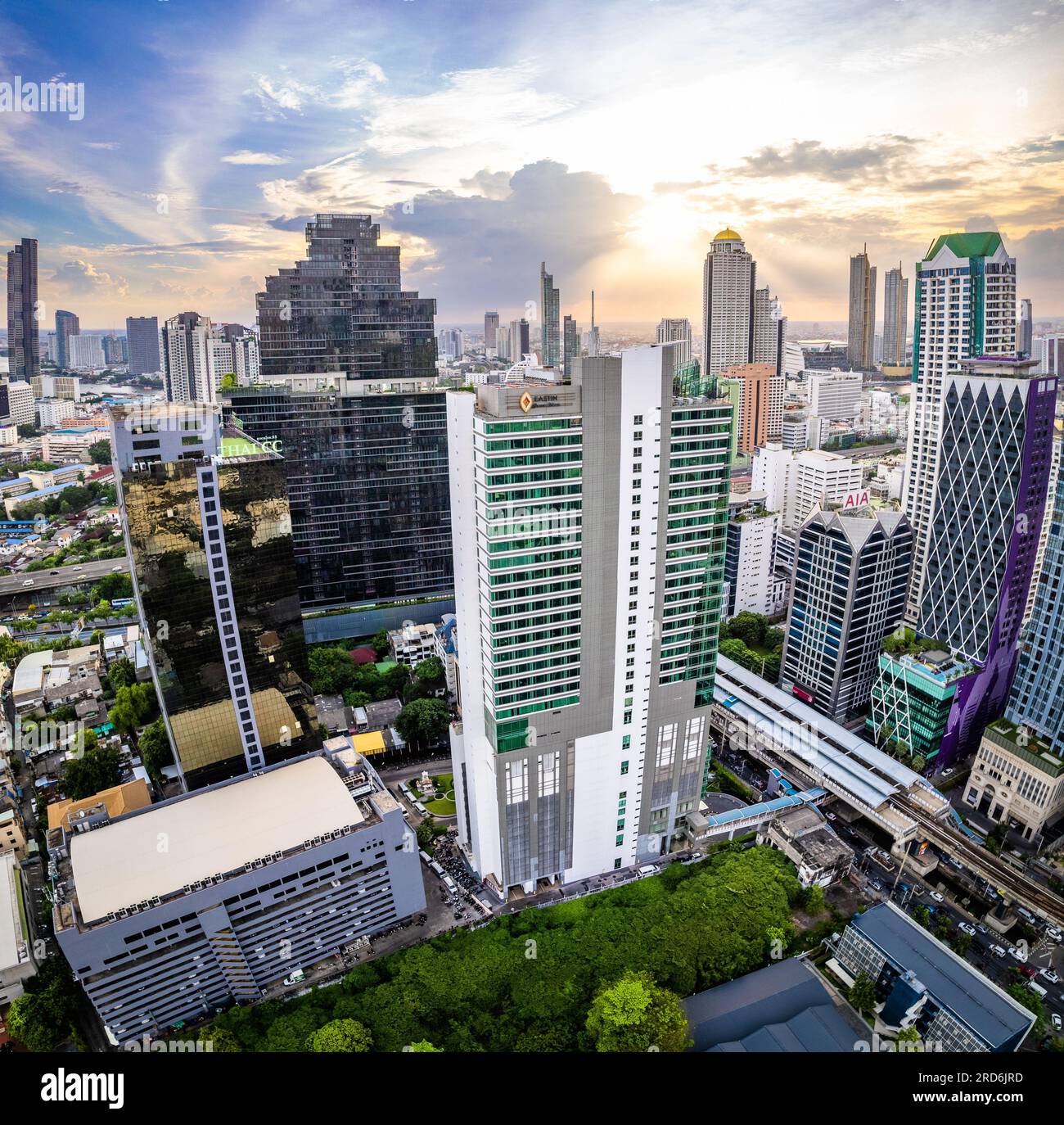 Aerial view of Sathorn and Saphan Taksin districts in Bangkok, Thailand ...