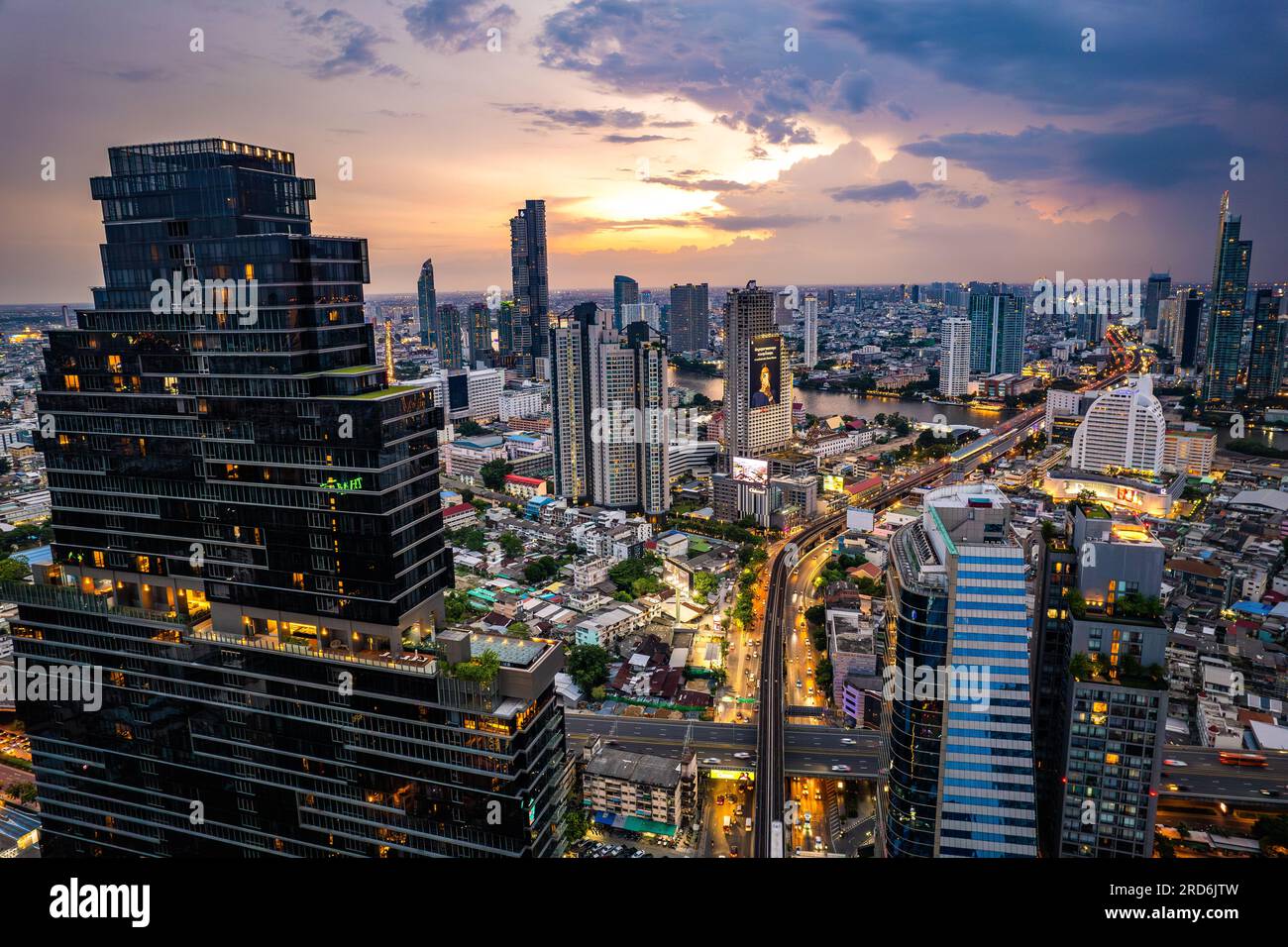 Aerial view of Sathorn and Saphan Taksin districts in Bangkok, Thailand ...