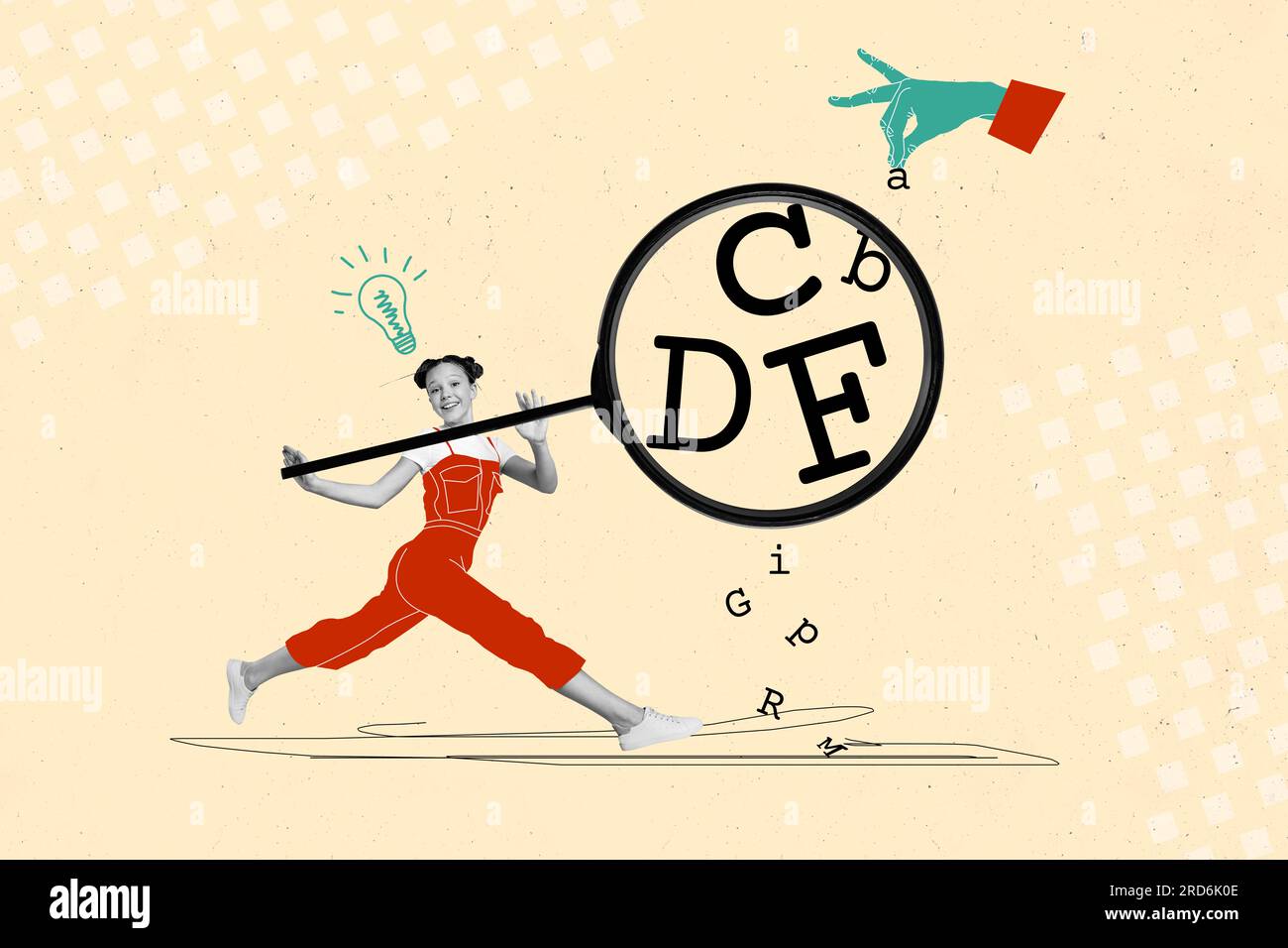 Collage picture of black white colors mini kid run hold huge magnifier ...