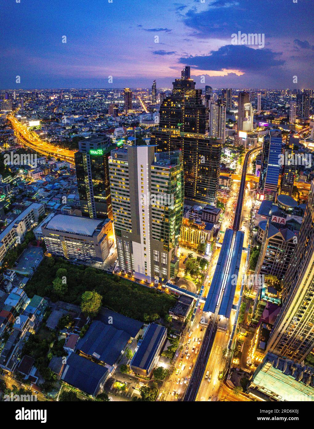 Aerial view of Sathorn and Saphan Taksin districts in Bangkok, Thailand ...