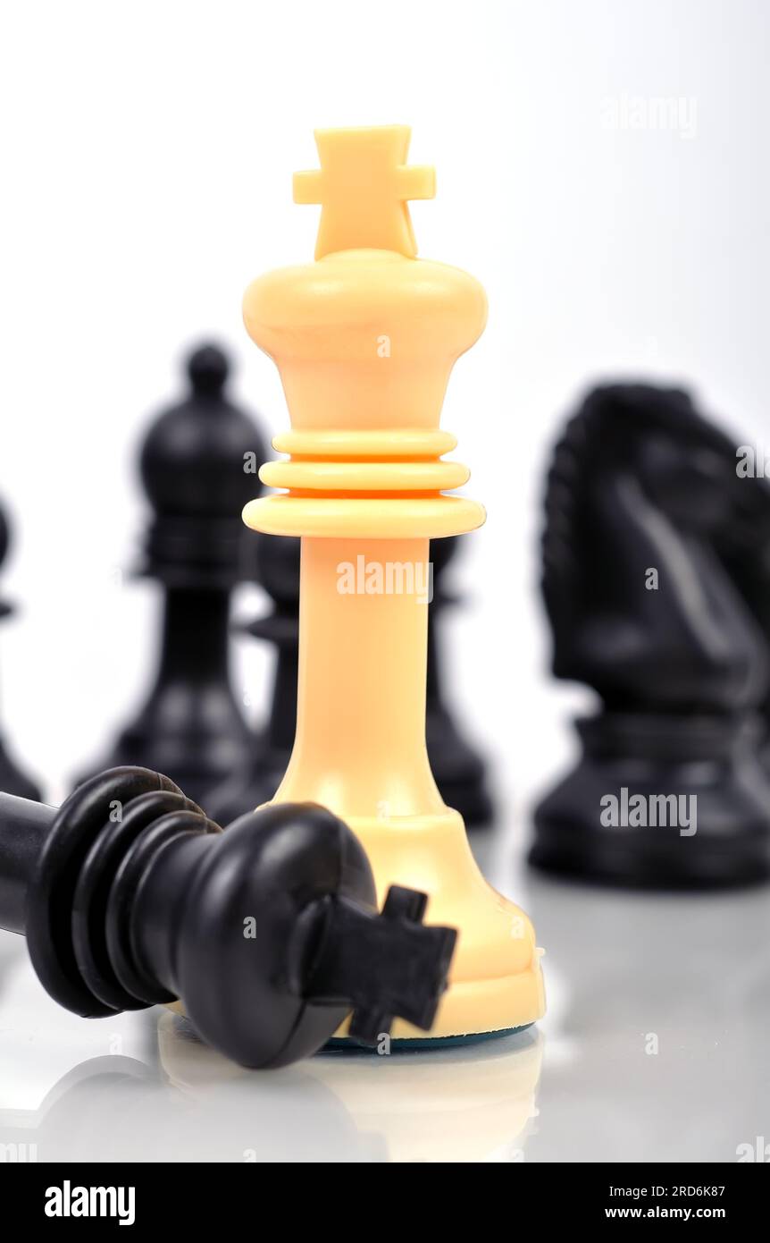 White Chess king standing, defeated black king. Game over Stock Photo ...