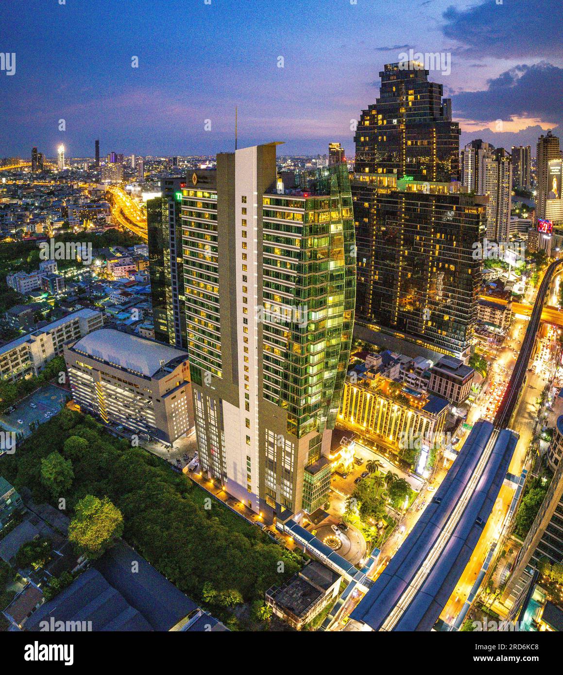 Aerial view of Sathorn and Saphan Taksin districts in Bangkok, Thailand ...