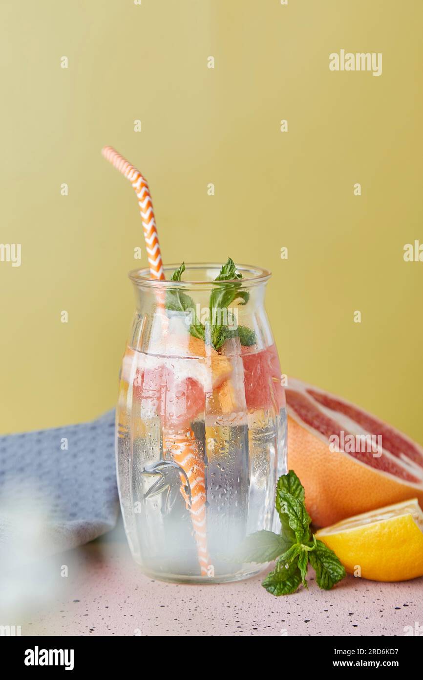 Summer refreshing detox cold cocktail. Aesthetic trendy non- alcoholic ...