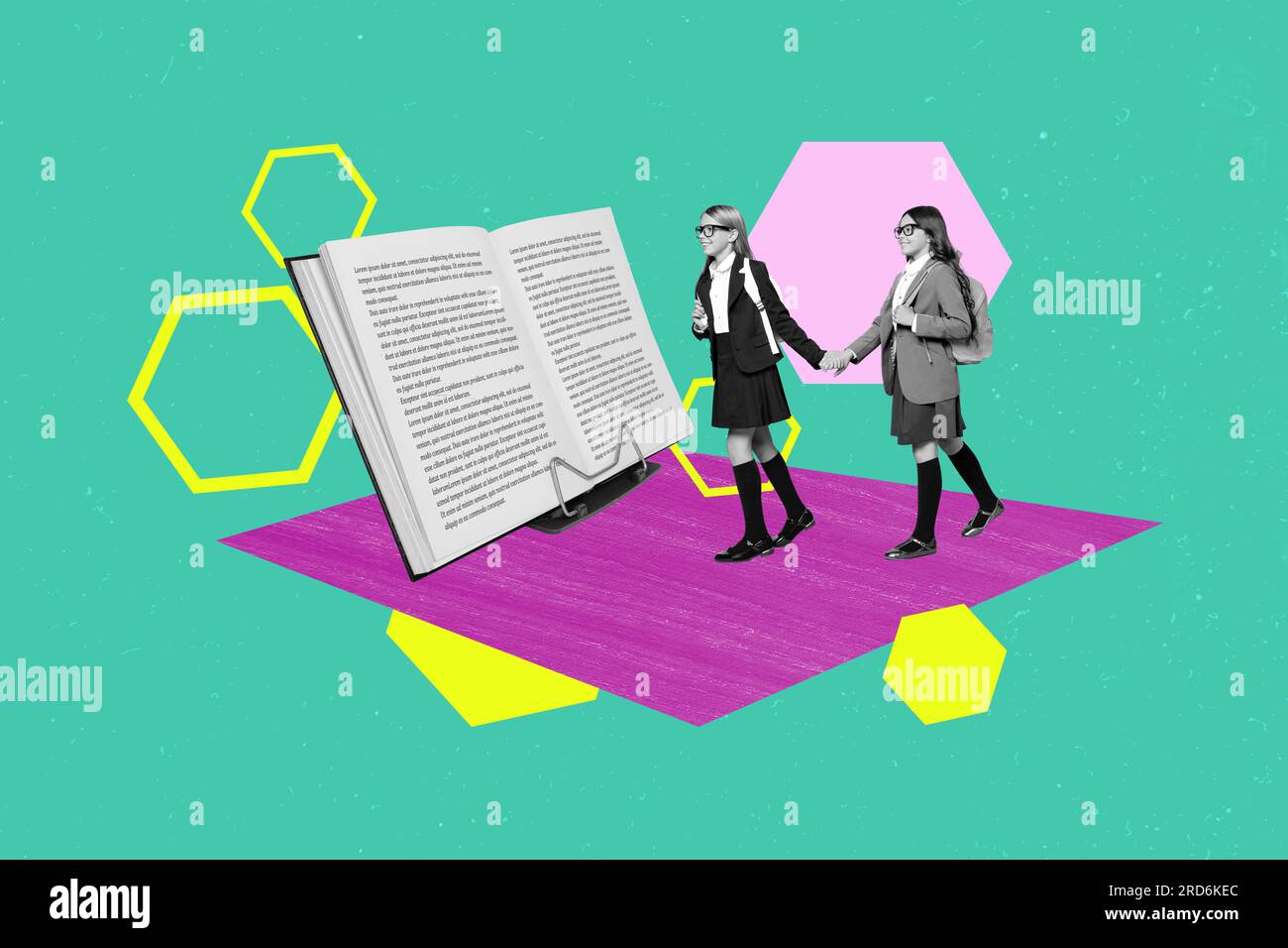 Collage illustration of two positive friends little school girls walk ...