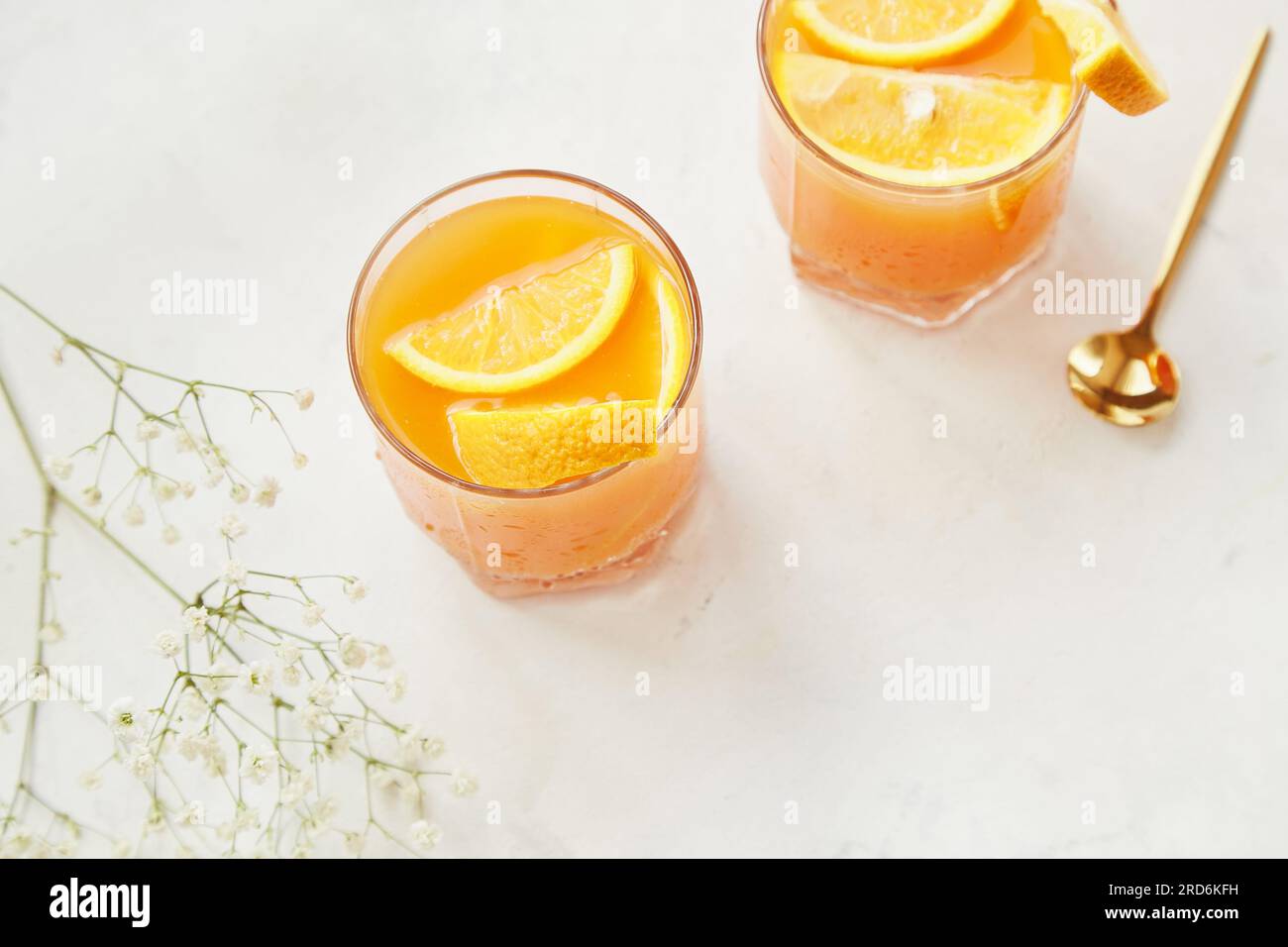 Flat lay of non alcoholic refreshing tonic with citrus fruits. Hard ...
