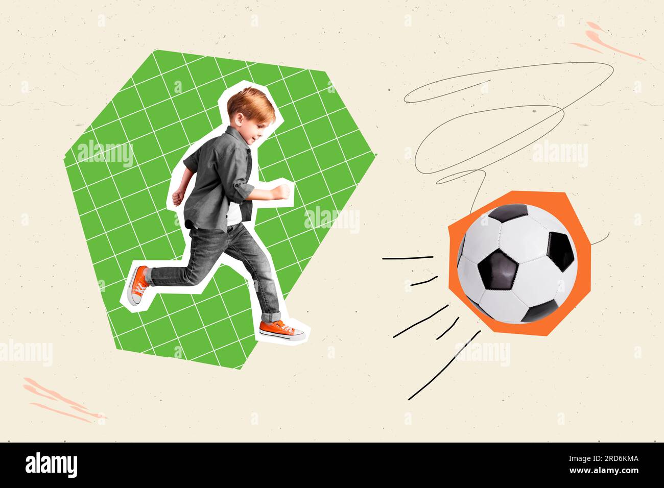 Creative collage picture of sportive mini excited boy training running ...