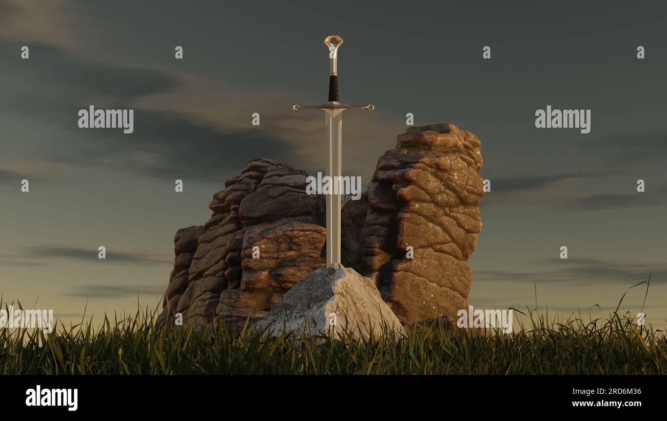 Sword excalibur in stone in mountains. Medieval sword king Arthur ...