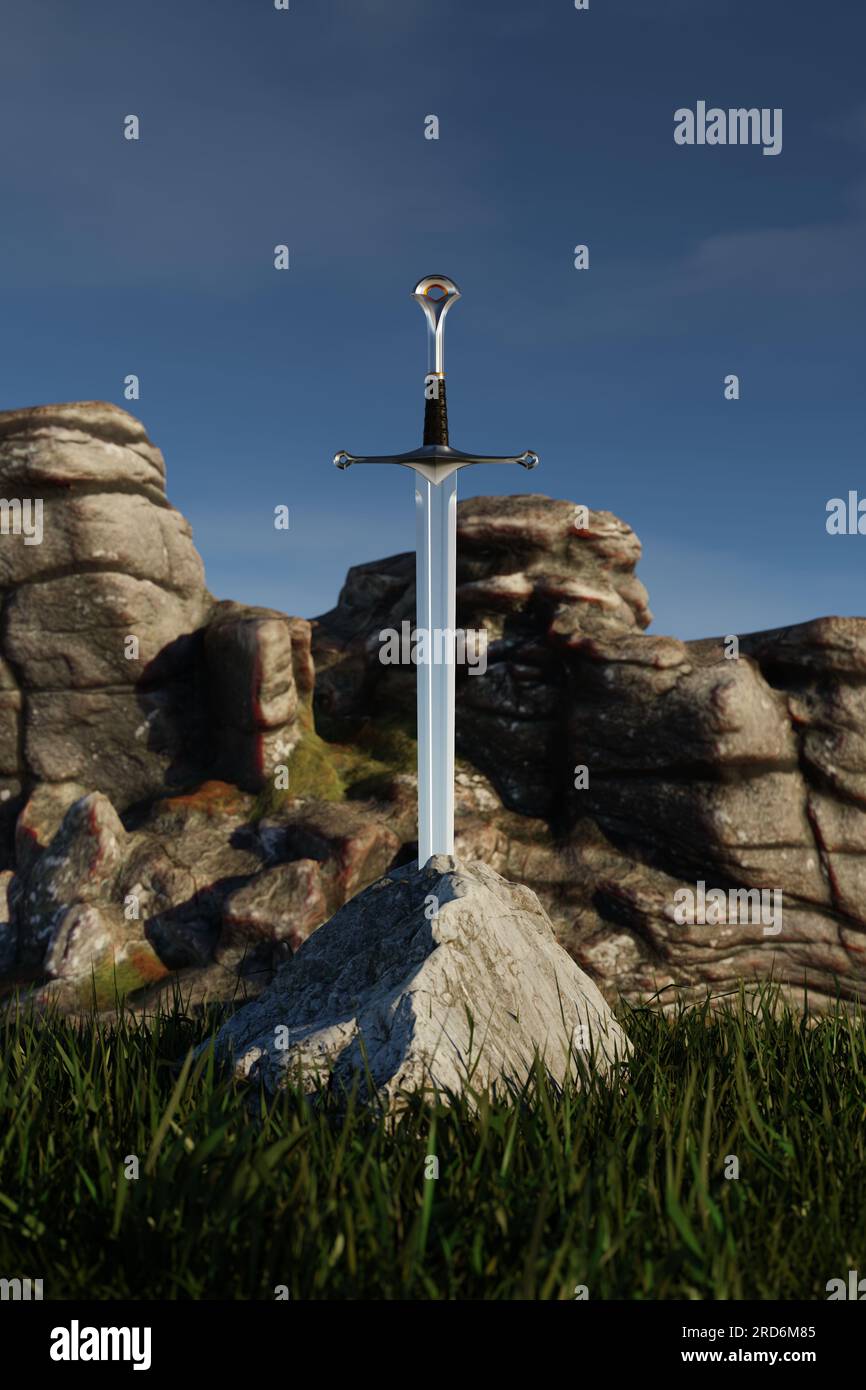 Sword excalibur in stone in mountains. Medieval sword king Arthur ...