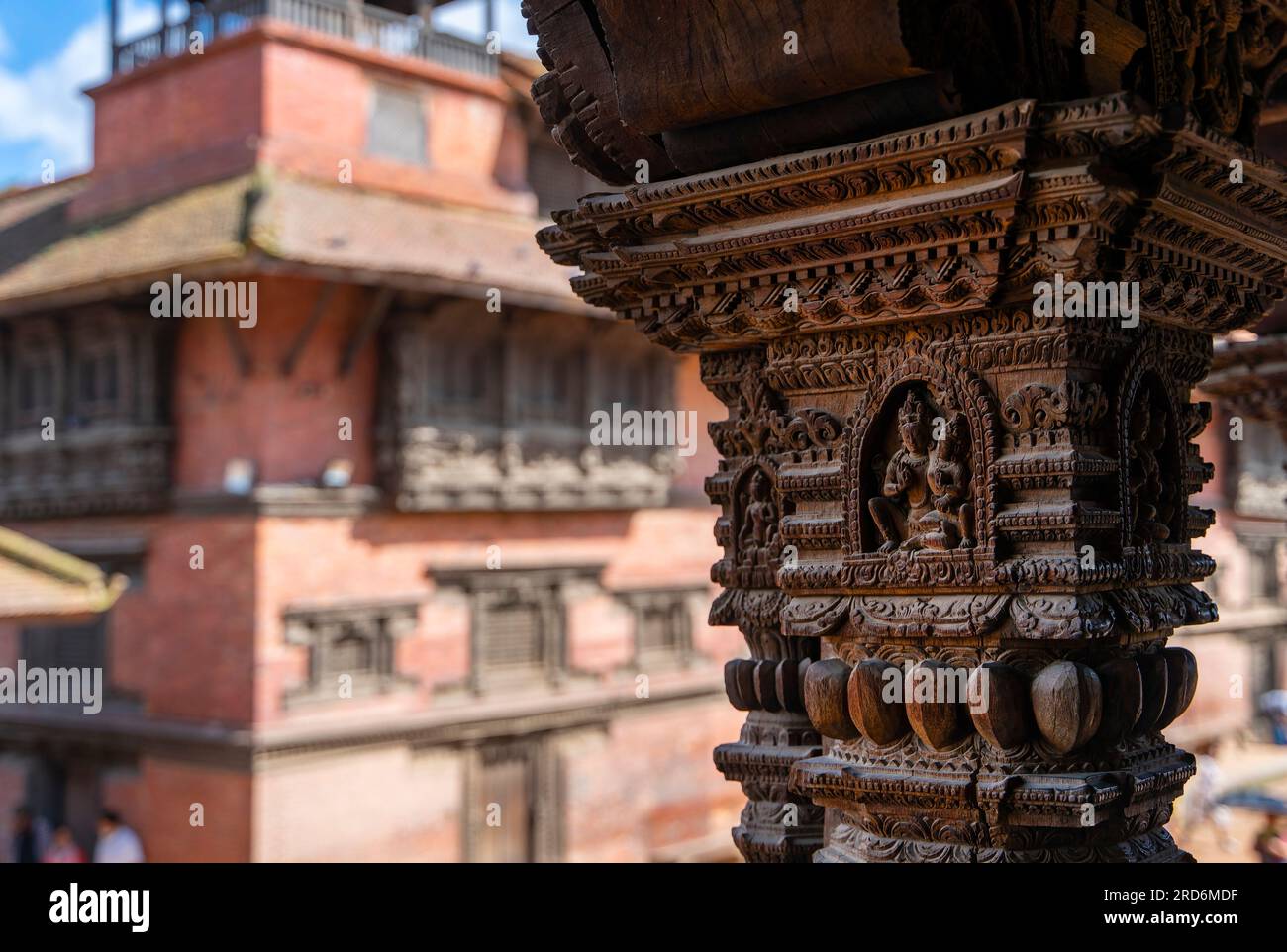 Wooden carved pillars in the temple of Durbar square at Patan Kathmandu ...