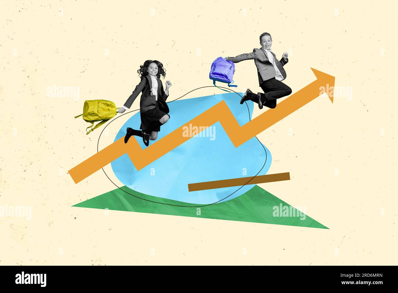 Collage artwork illustration of funky two schoolchildren jumping ...