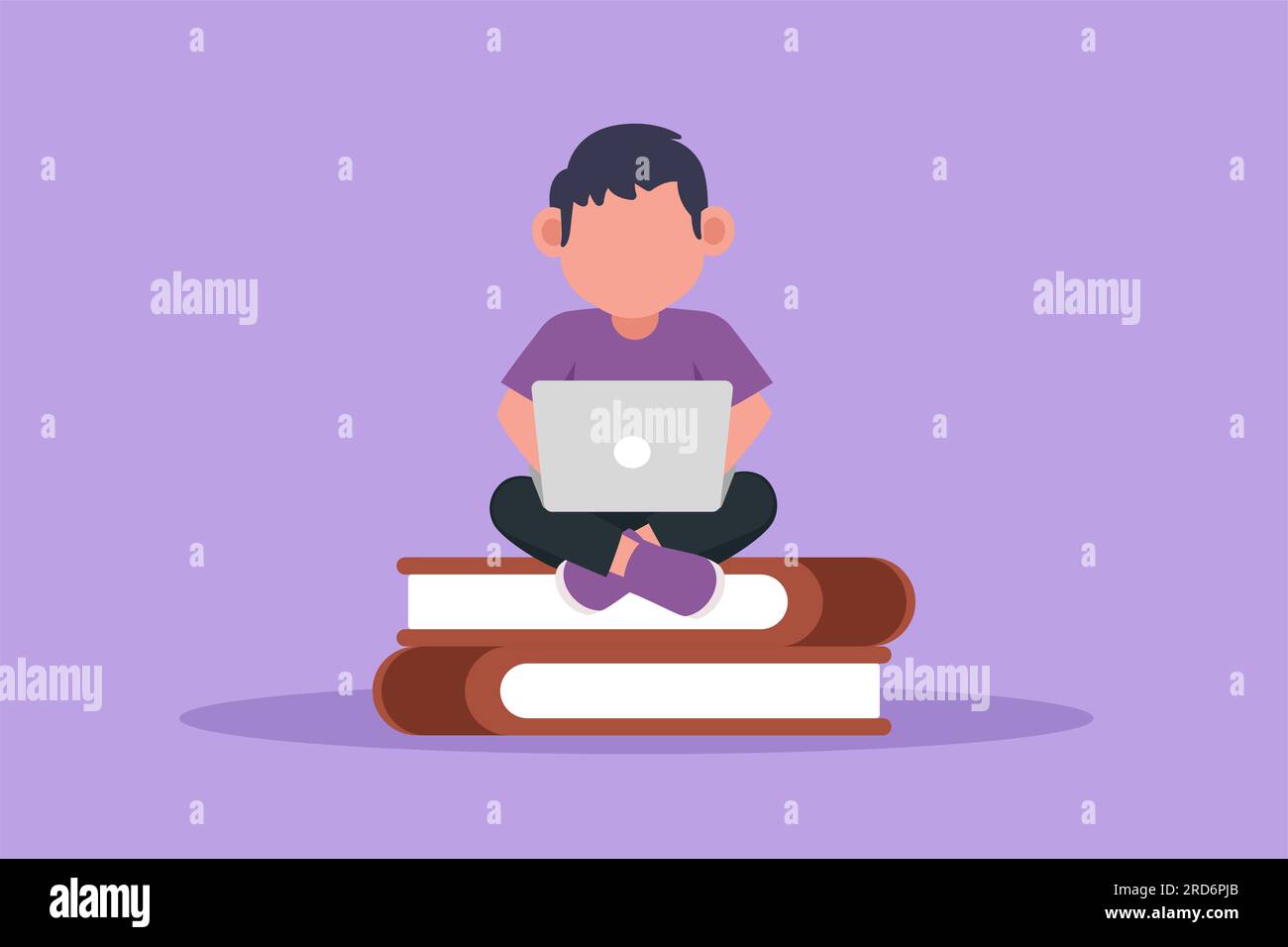 Cartoon flat style drawing adorable little boy typing on laptop ...