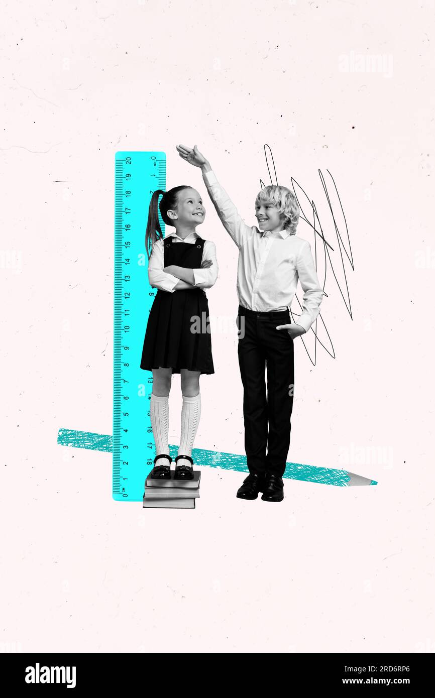 Vertical collage of two cheerful mini black white colors kids stand ...