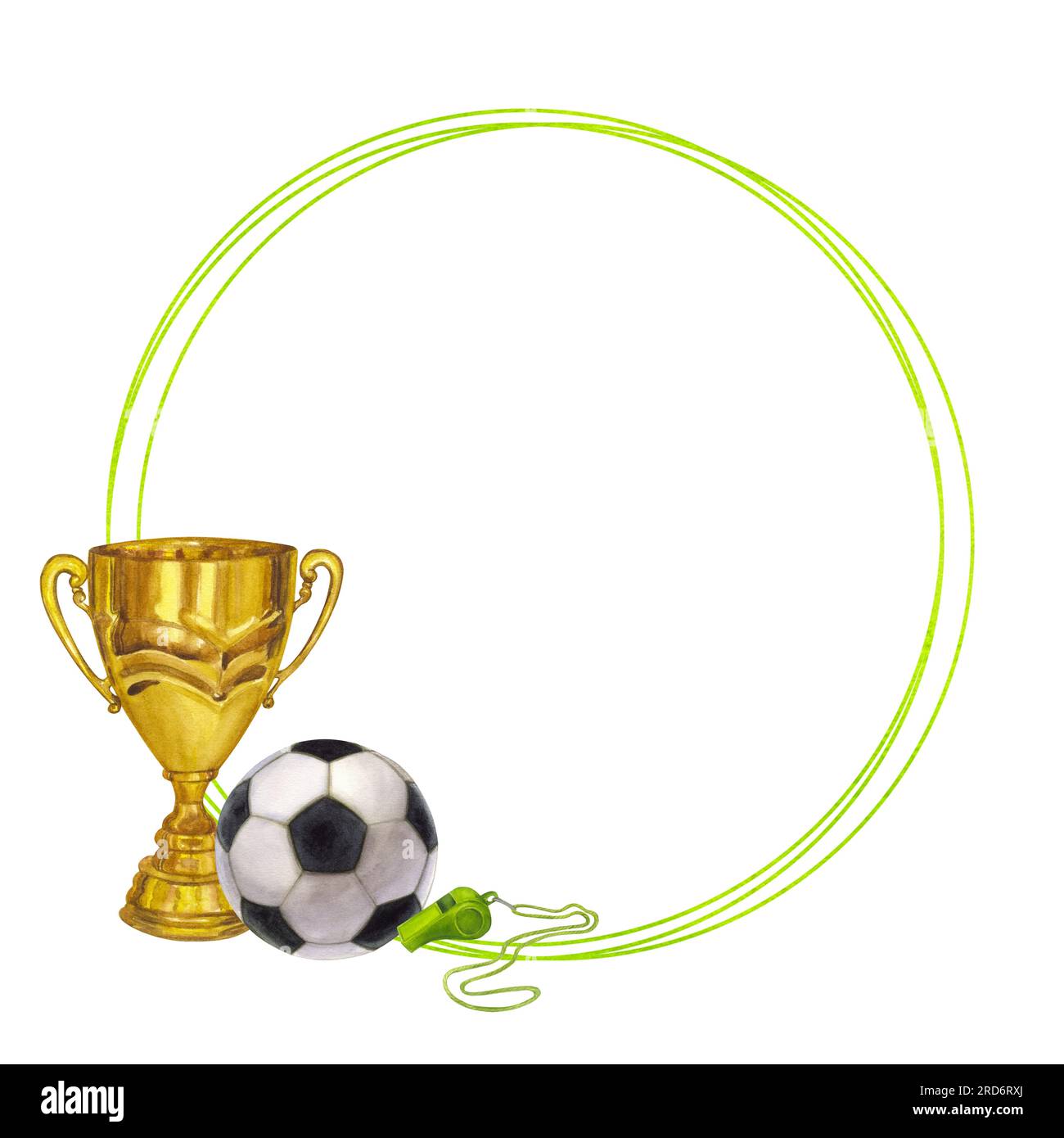 Round frame golden winner cup trophy, soccer ball, whistle, victory ...