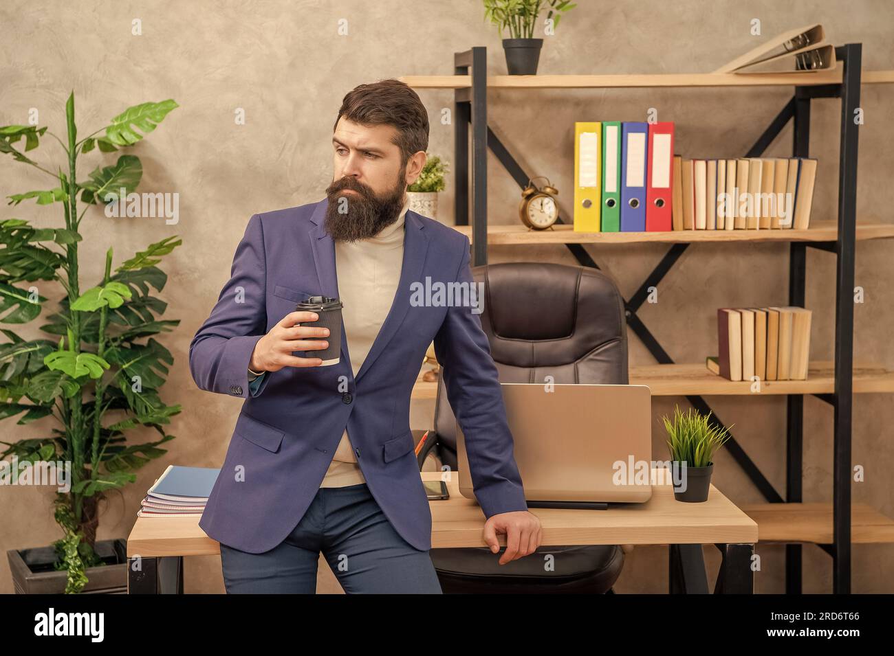 Needing a break. Serious director hold takeaway cup. Coffee break. Rest ...