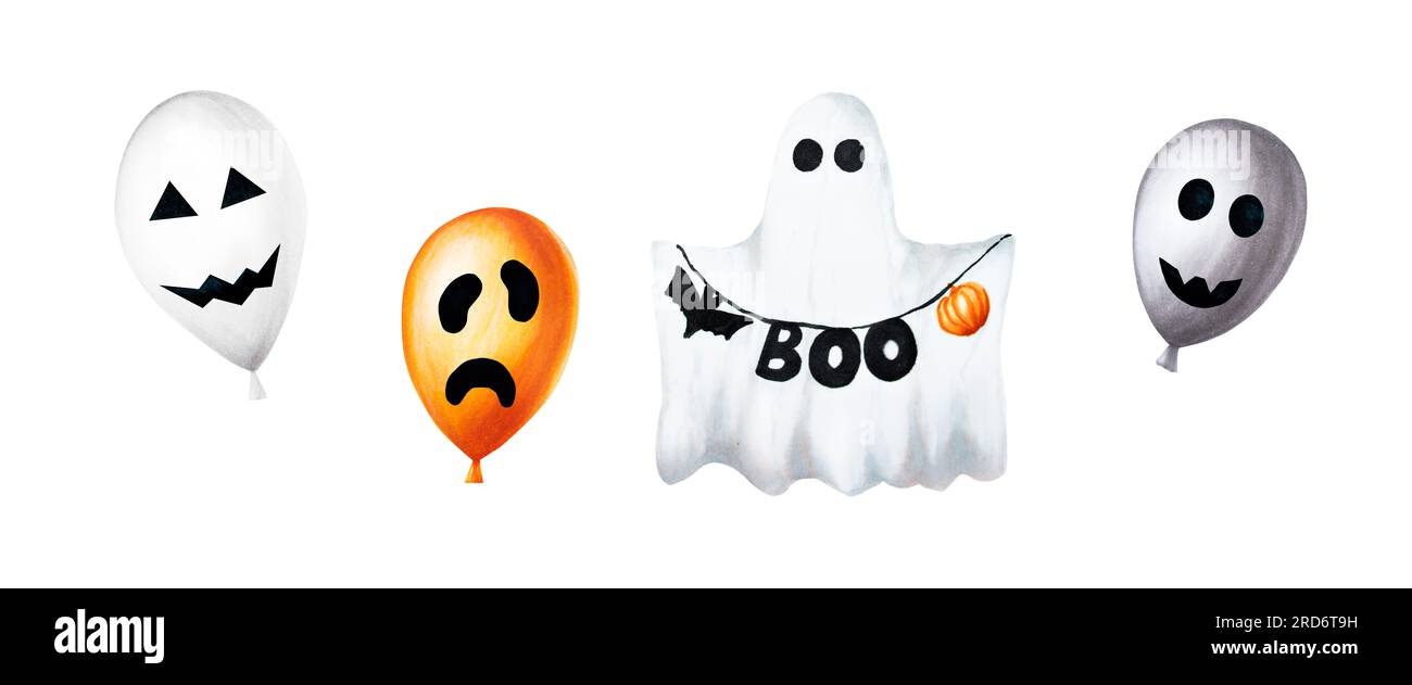 Watercolor Halloween balloons and cute ghost illustration with scary ...