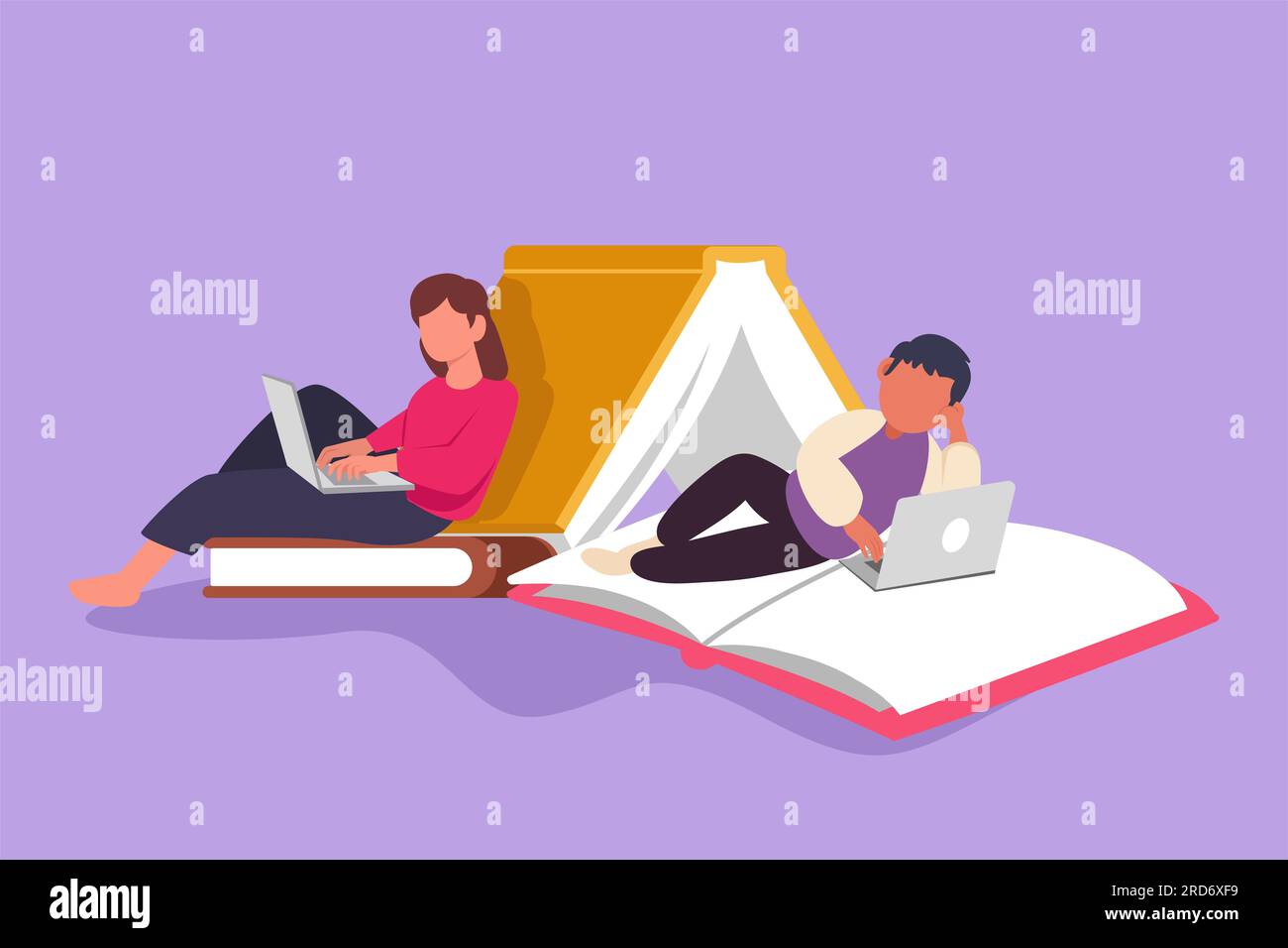 Cartoon flat style drawing smart couple with laptop computer leaning on ...