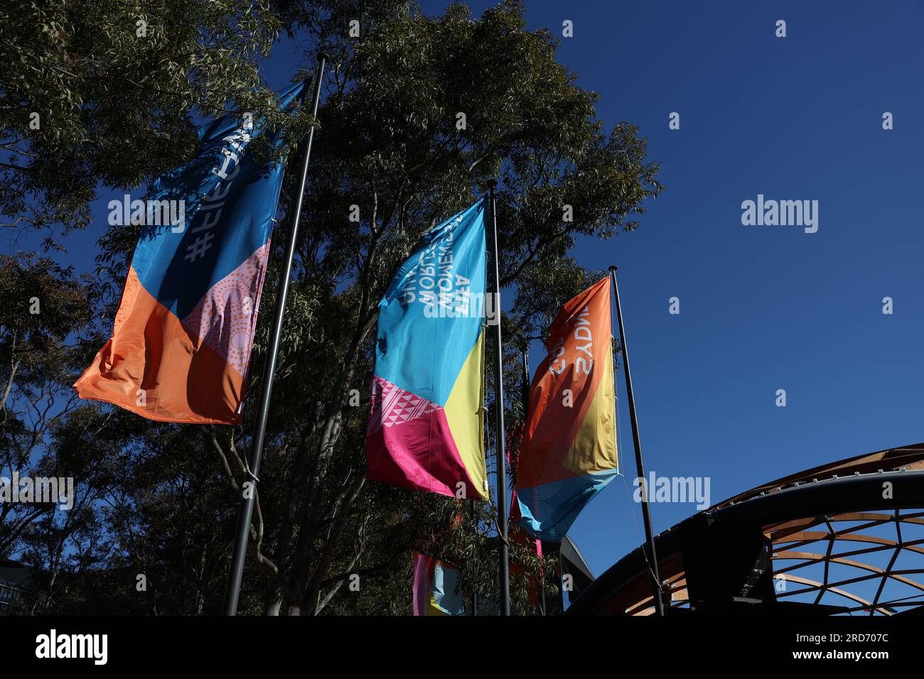 Sydney, Australia. 19th July 2023. Flags promoting the FIFA Women's ...