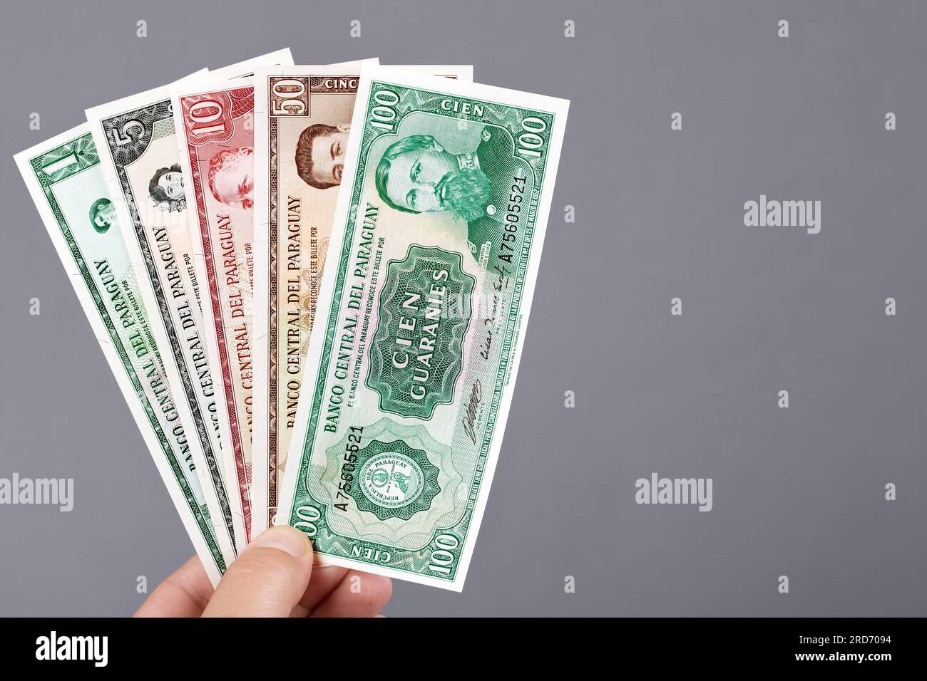 Old Paraguayan money - guarani in the hand on a gray background Stock ...
