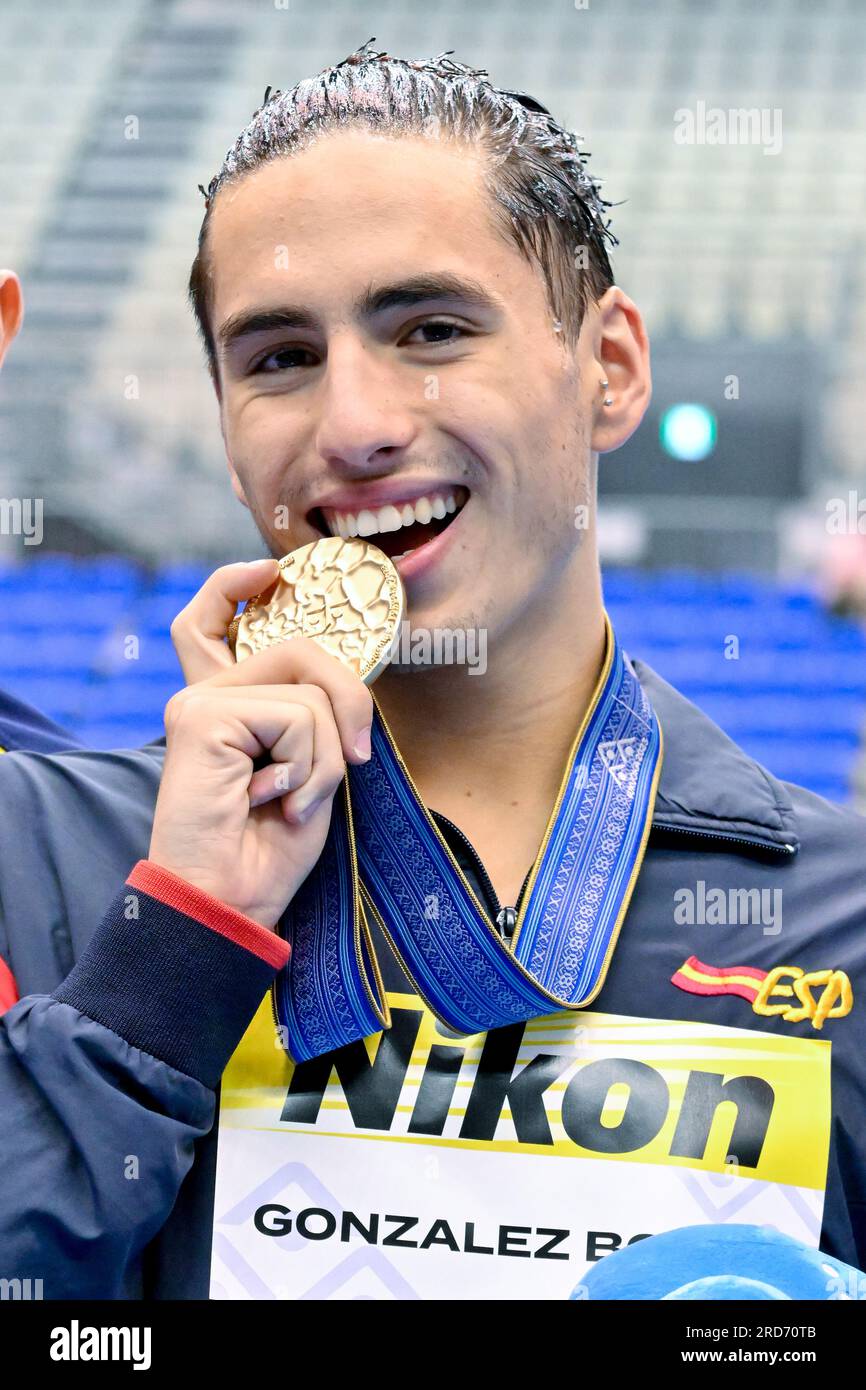 Fukuoka, Japan. 19th July, 2023. Dennis Gonzales Boneu of Spain shows the gold medal after ...