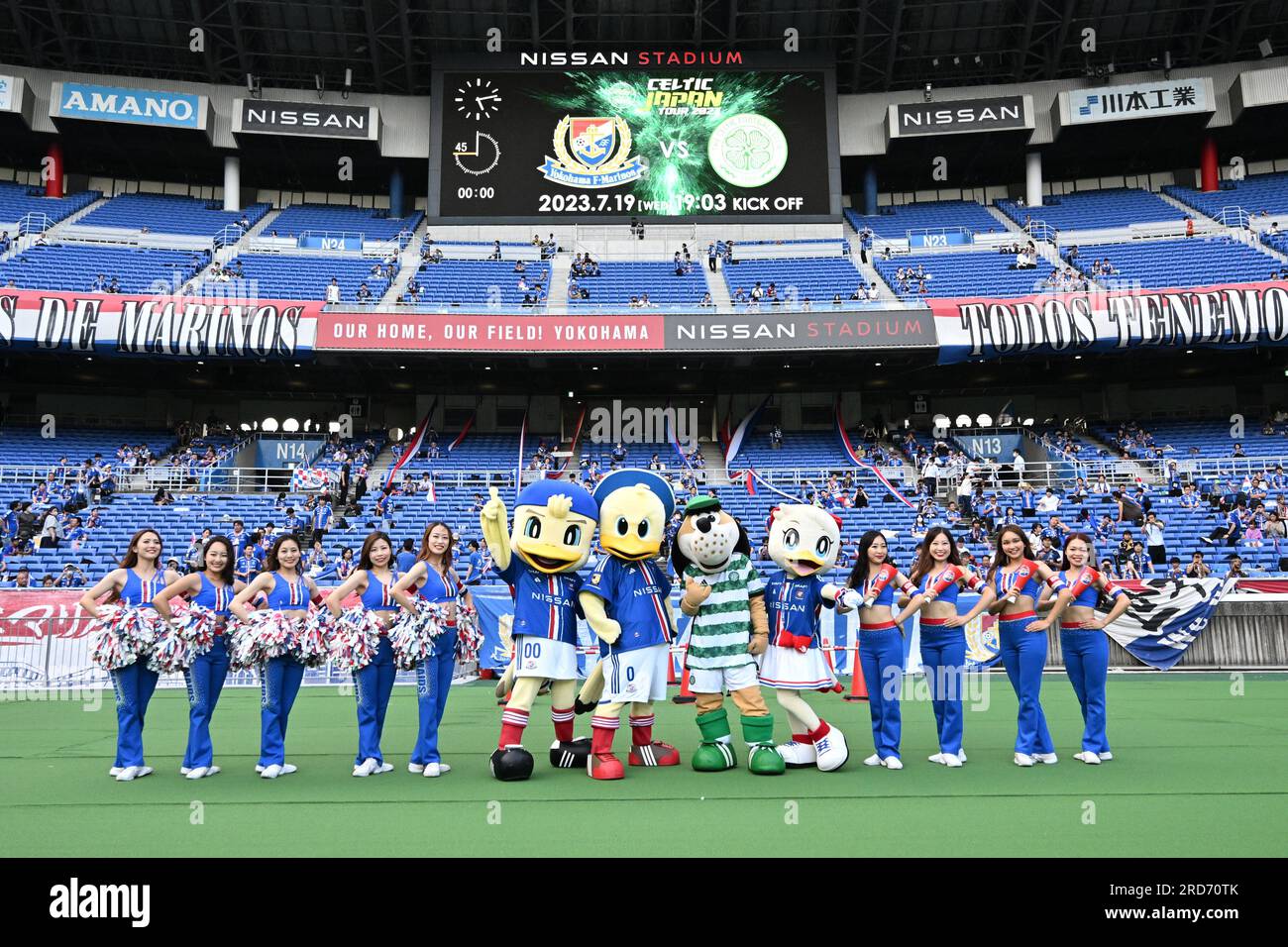 Kanagawa, Japan. 19th July, 2023. (L-R) Marinos Kun, Marinosuke, Hoopy ...