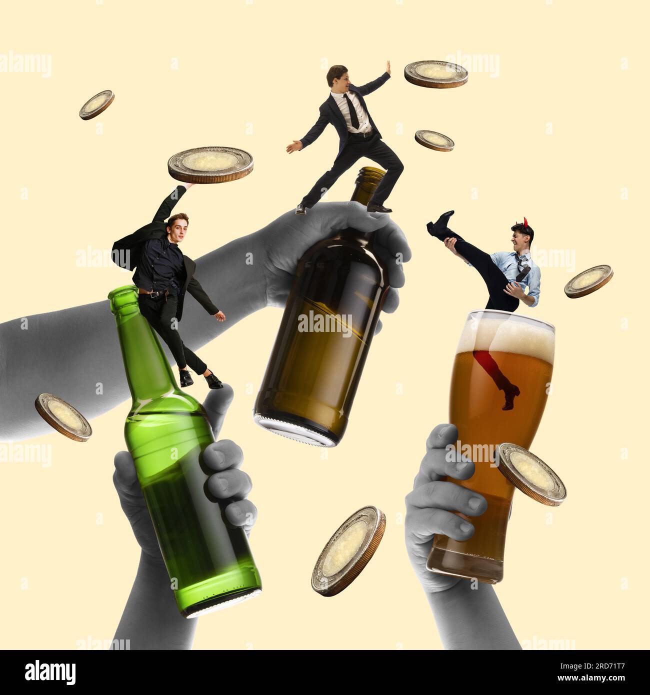 Cheerful, positive employees having fun after work, drinking beer ...