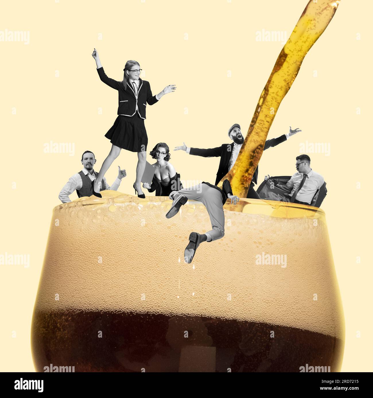 Happy and cheerful employees having fun after work, diving into foamy ...