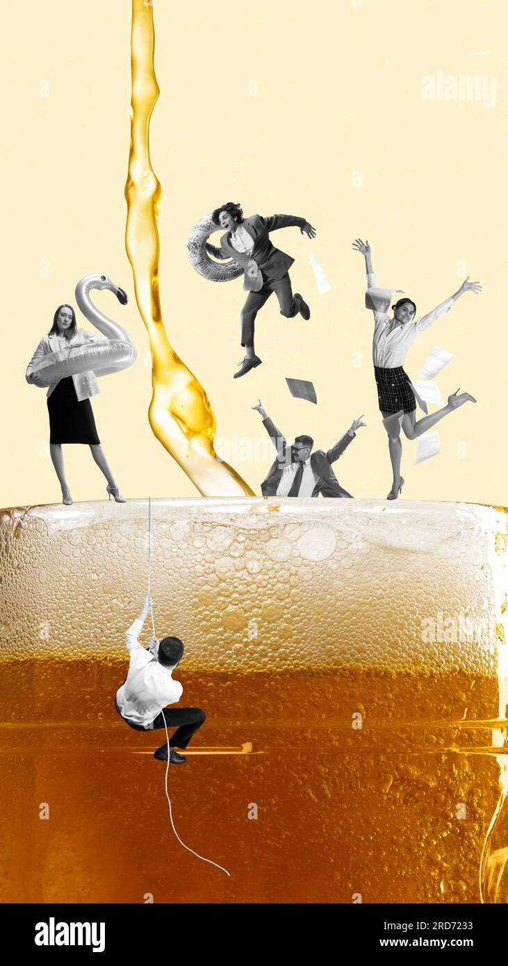 Excited happy employees, office workers getting ready for a party after ...