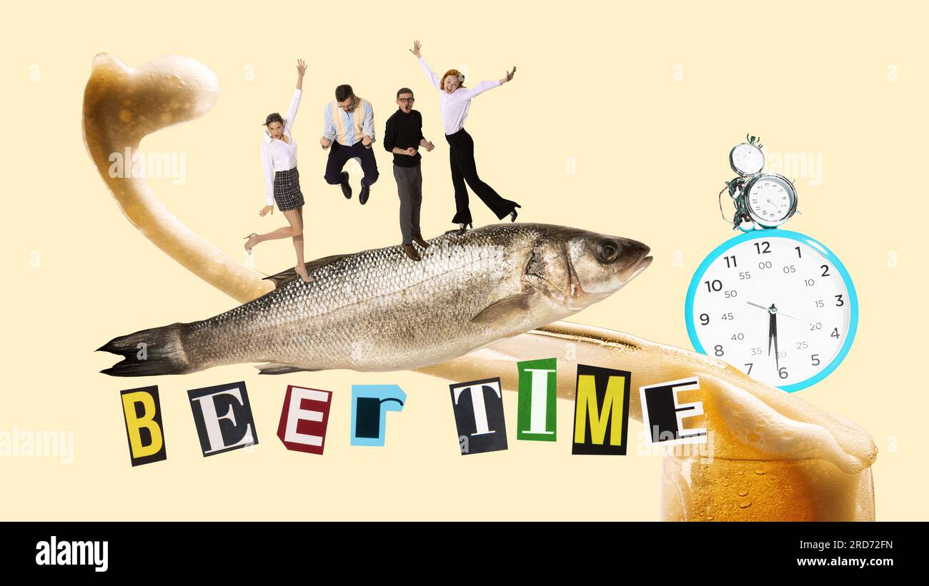 Beer time. Employees finishing working day, standing on fish and ...