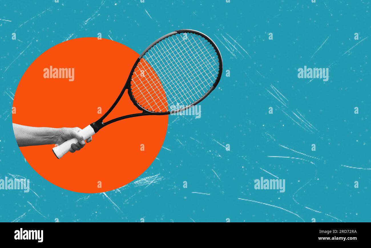 Art collage, hand, and tennis racket on blue background with copy space ...