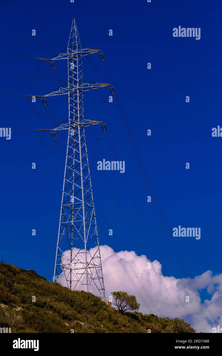 Industrial landscape. Silhouette High voltage electric tower. Pylons of ...