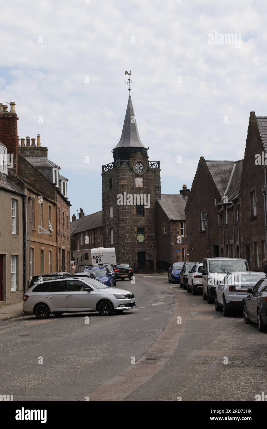 Stonehaven High Street with Stonehaven clock tower Scotland July 2023 ...