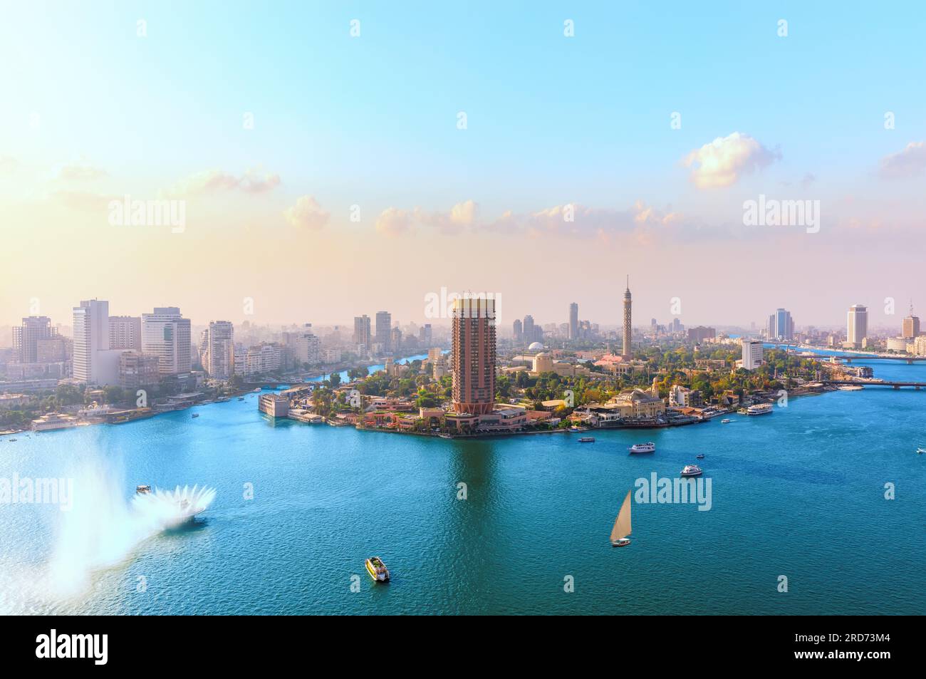 Cairo downtown panorama, view on the Nile, Gezira island and bridges ...