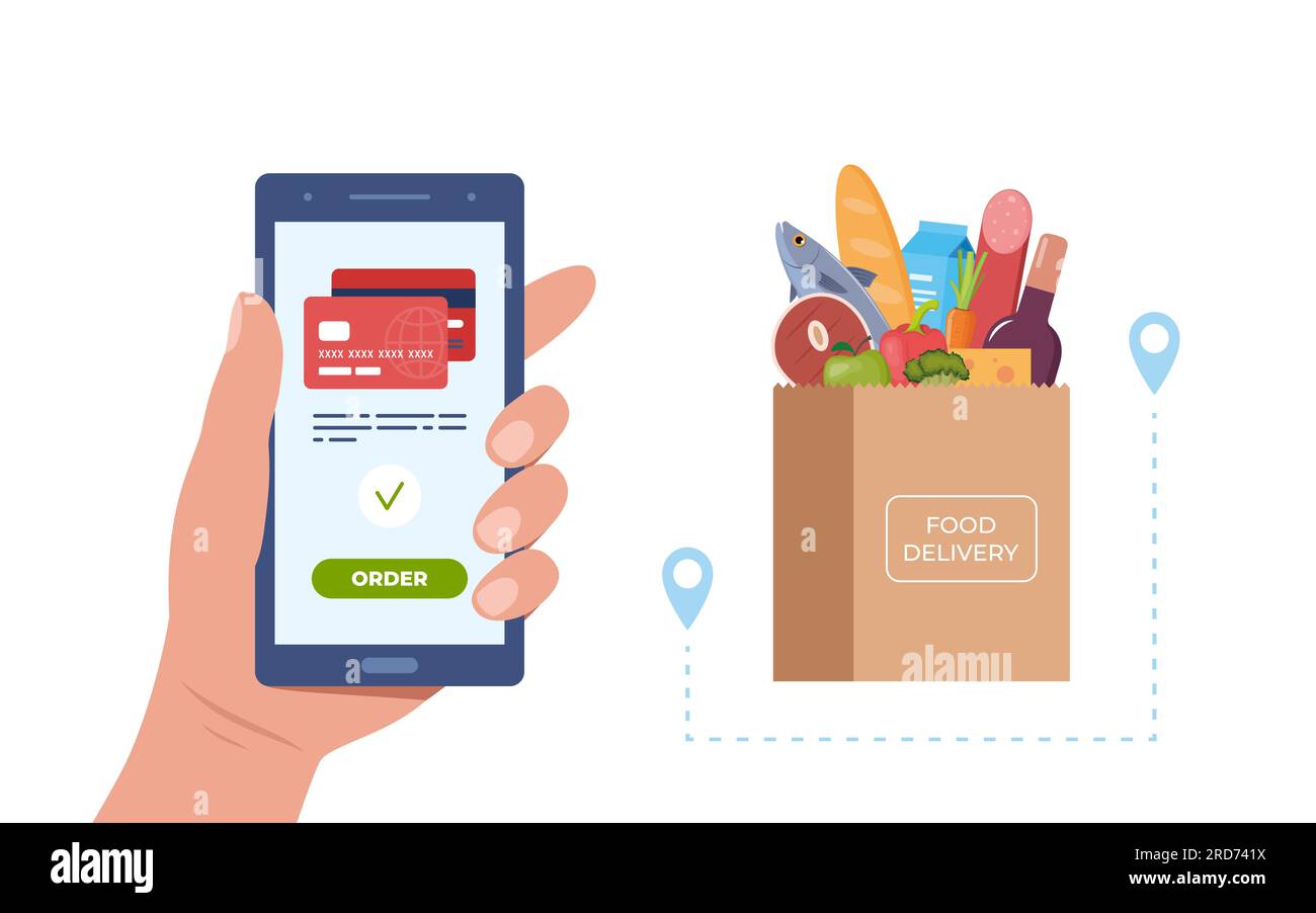 Online food ordering from supermarket using mobile app. Smartphone ...